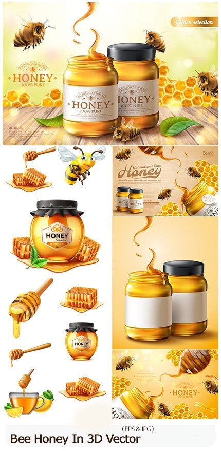 Bee And Natural Honey In 3D Vector Illustration | visualstorms